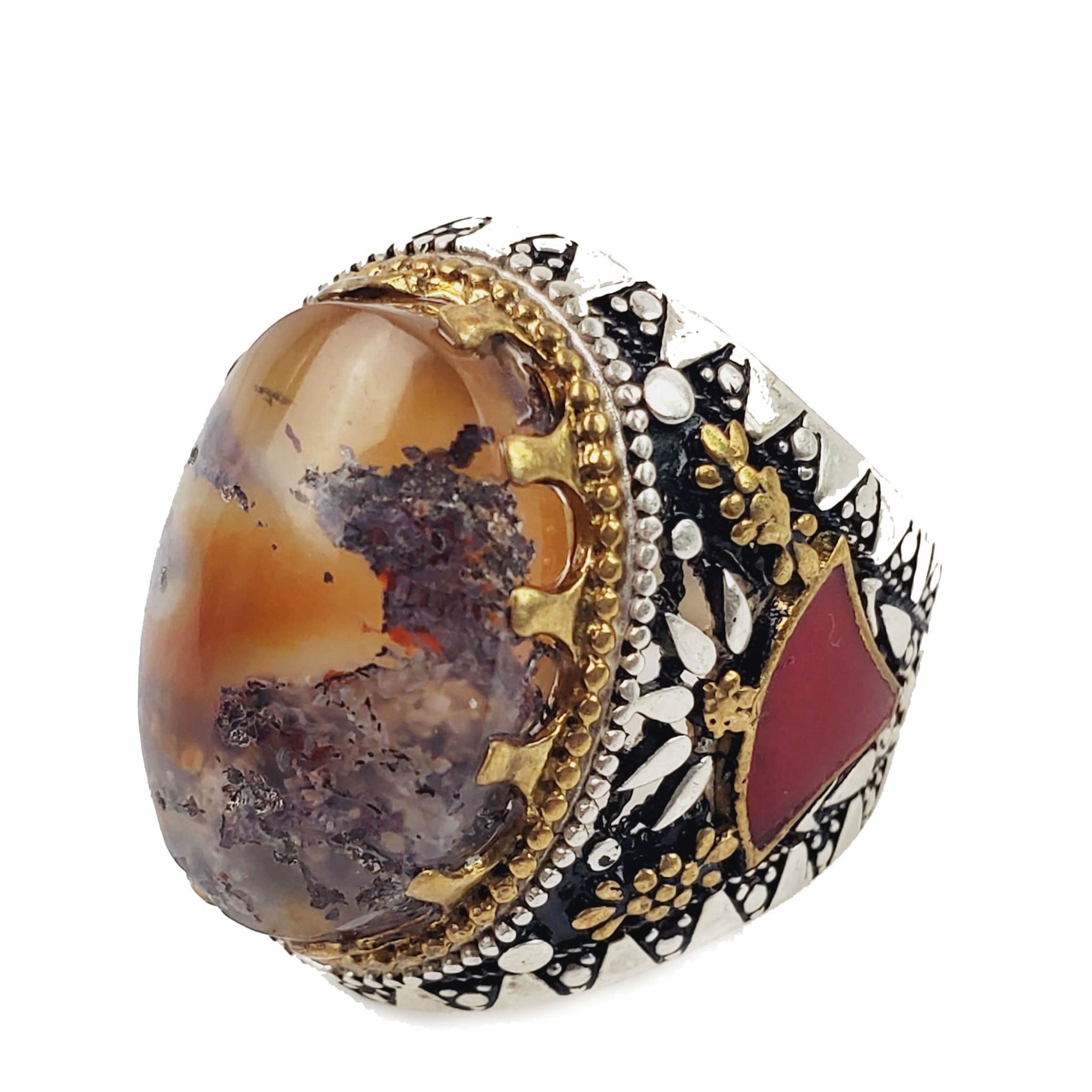 Yemeni Aqeeq Ring- Genuine Silver - size: 7.5 - عقيق يماني وفضه الاصلي – Yemen Box